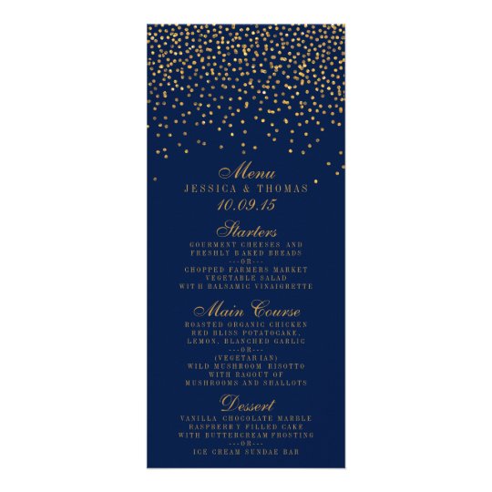 Navy Blue & Glam Gold Confetti Wedding Menu | Zazzle.com