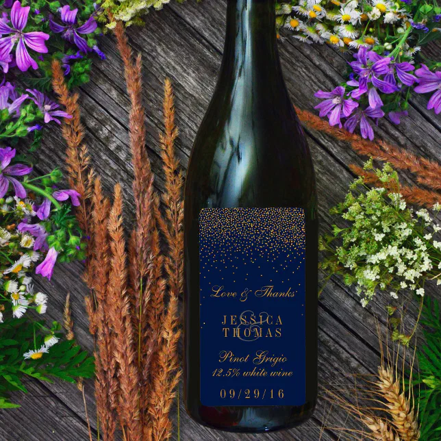 Navy Blue & Glam Gold Confetti Wedding Wine Bottle Label | Zazzle