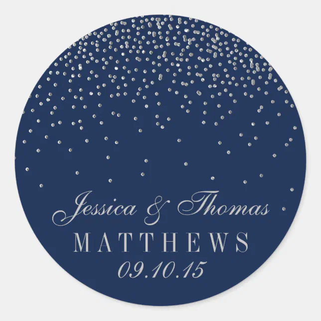 Navy Blue & Glam Silver Confetti Wedding Classic Round Sticker | Zazzle