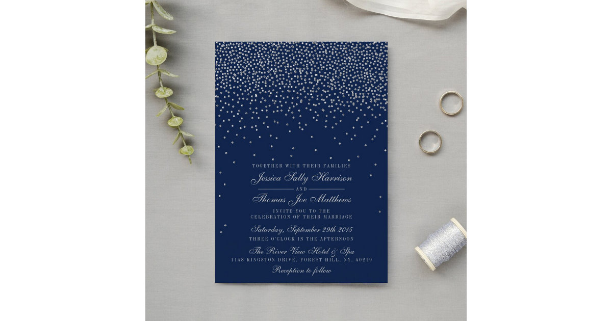 Navy Blue & Glam Silver Confetti Wedding Invitation | Zazzle