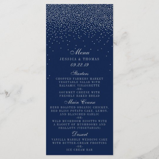Navy Blue & Glam Silver Confetti Wedding Menu | Zazzle.com