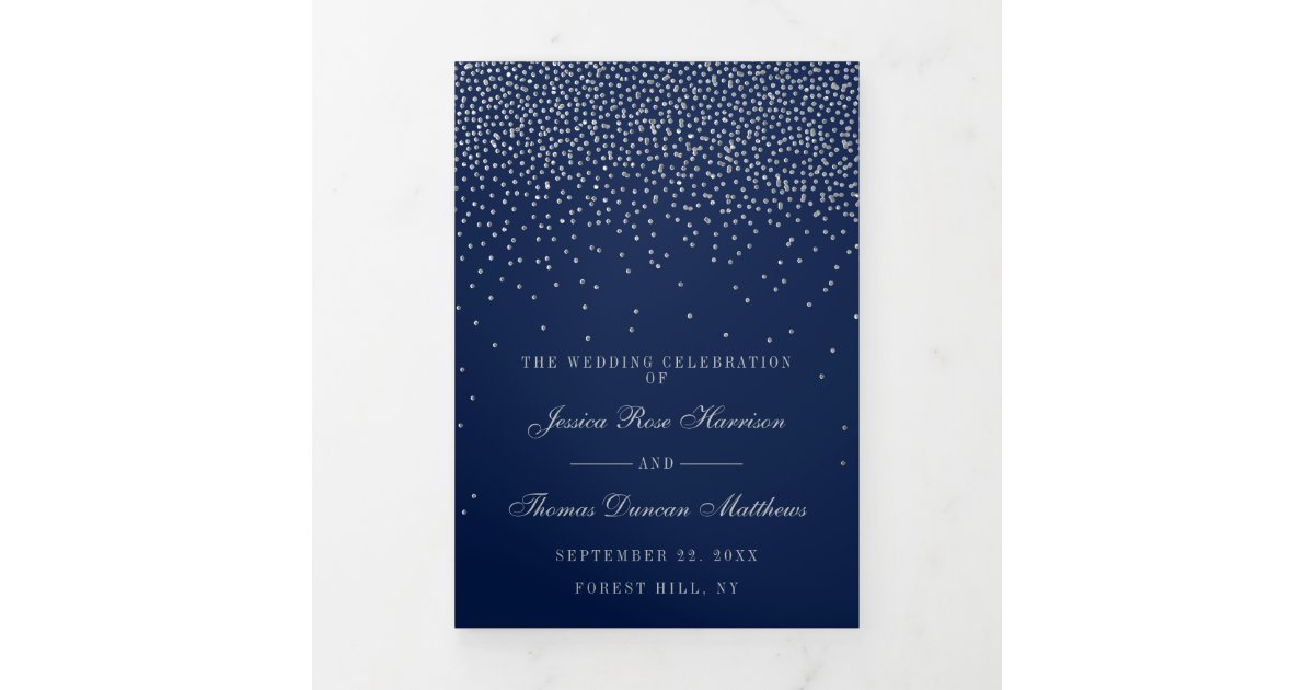 Navy Blue & Glam Silver Confetti Wedding Tri-Fold Program | Zazzle
