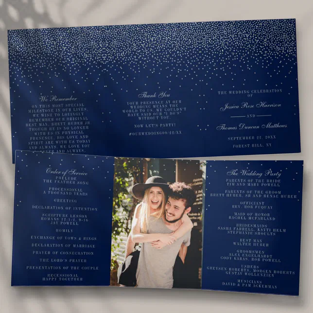 Navy Blue & Glam Silver Confetti Wedding Tri-Fold Program | Zazzle