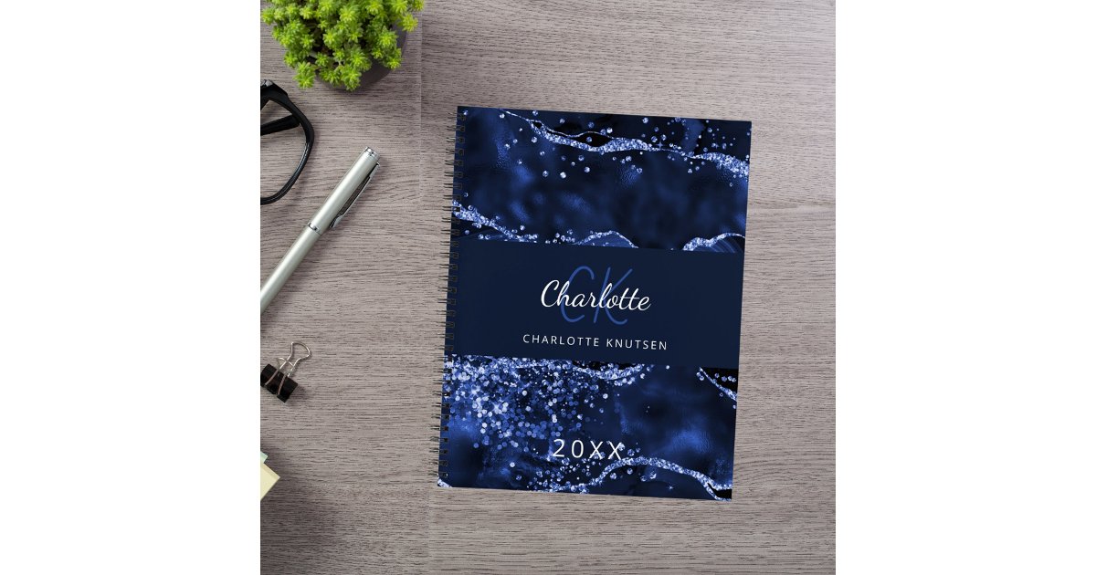 Navy blue glitter agate marble monogram notebook | Zazzle