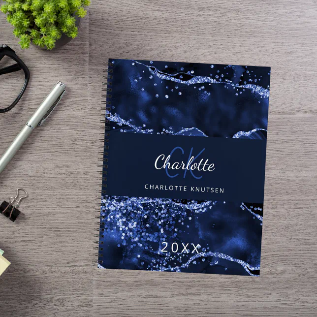 Navy blue glitter agate marble monogram notebook | Zazzle