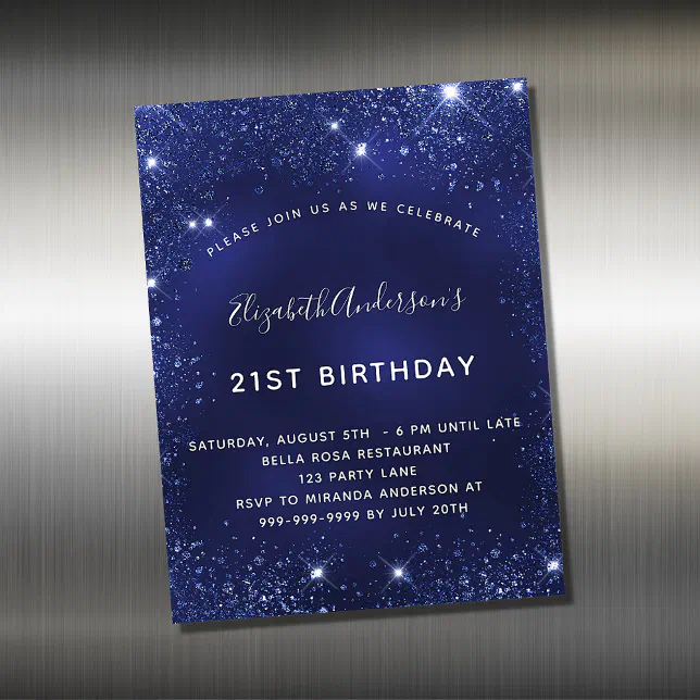Navy blue glitter birthday invitation magnet | Zazzle