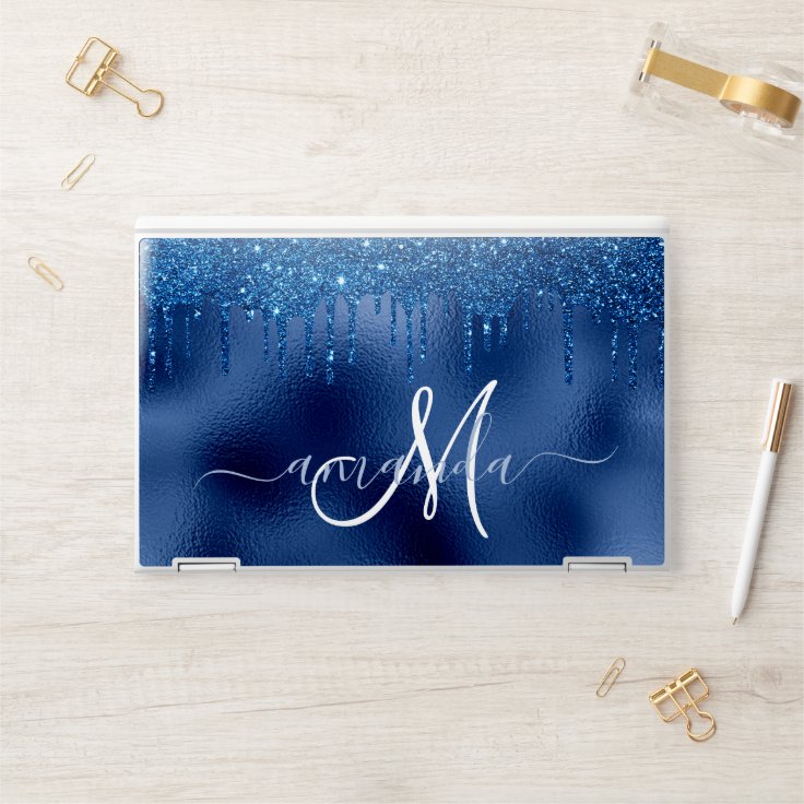 Navy Blue Glitter Drips Handwritten Calligraphy HP Laptop Skin | Zazzle