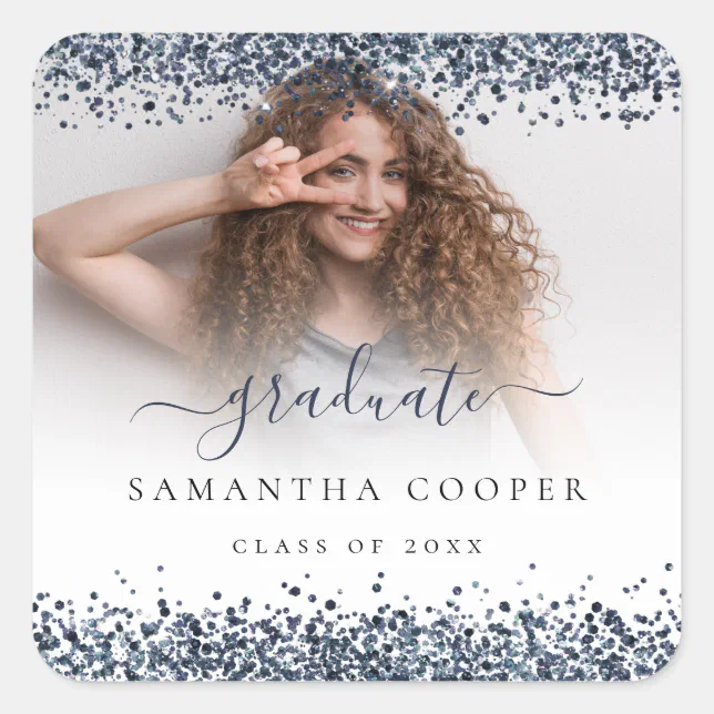 Navy Blue Glitter Grad Photo Name Class of Year Square Sticker | Zazzle