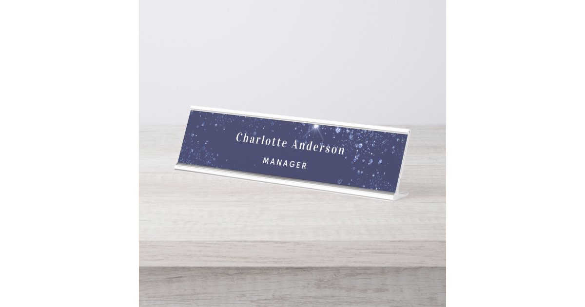 Navy blue glitter name title classic elegant desk name plate | Zazzle