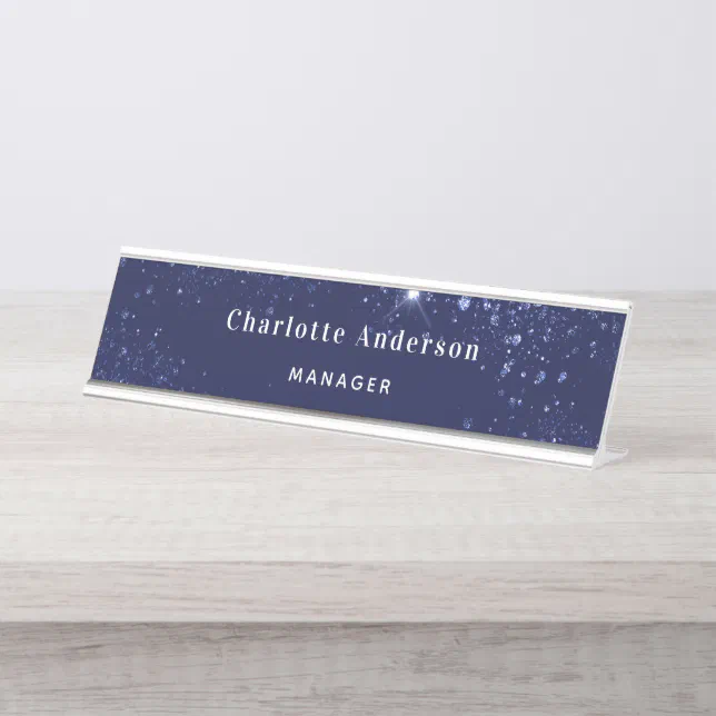 Navy blue glitter name title classic elegant desk name plate | Zazzle