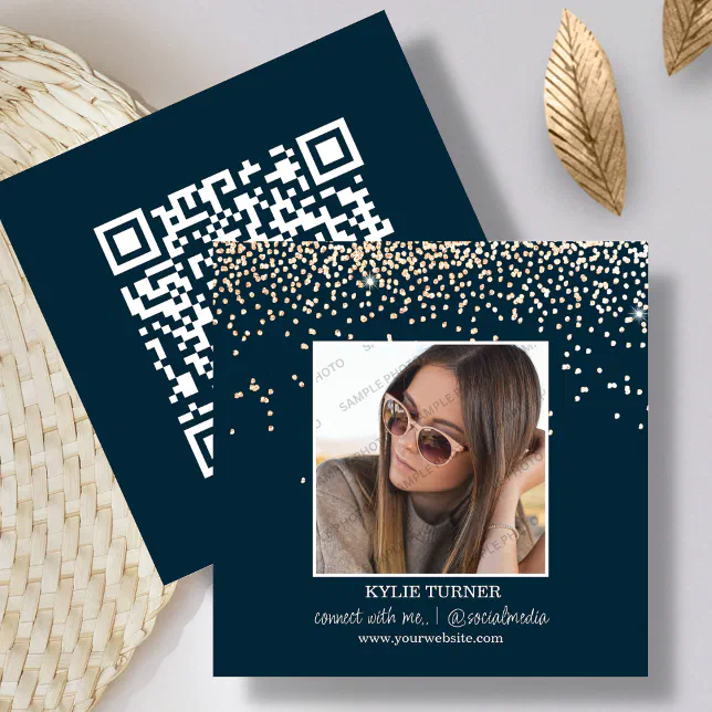 Navy Blue Glitter Photo | Social Media | QR Code Square Business Card ...