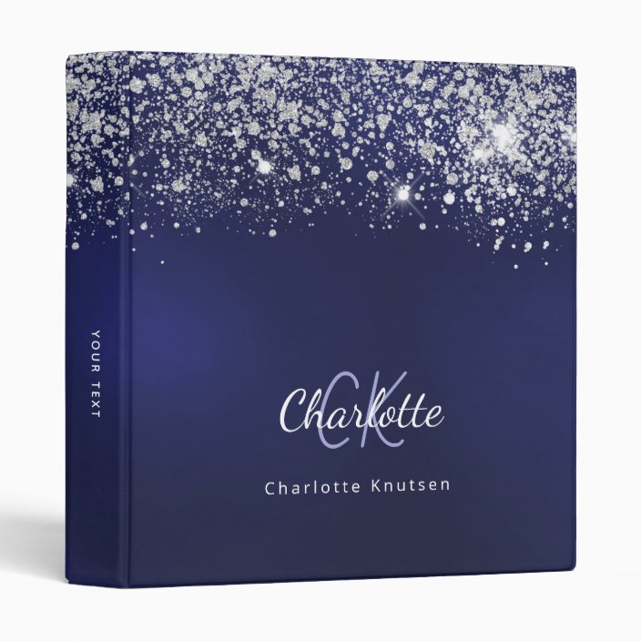 Navy blue glitter white monogram name silver 3 ring binder | Zazzle.com