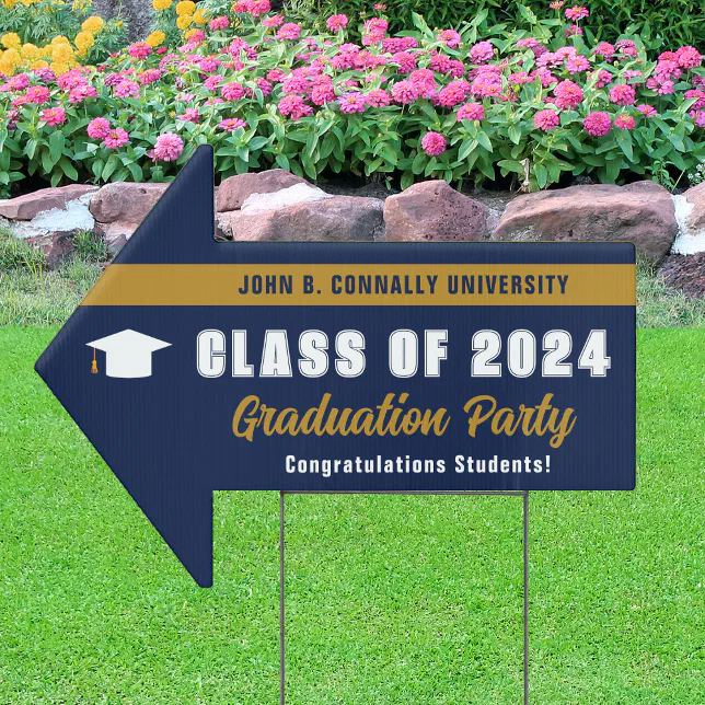Navy Blue Gold 2024 Graduation Party Arrow Yard Sign | Zazzle