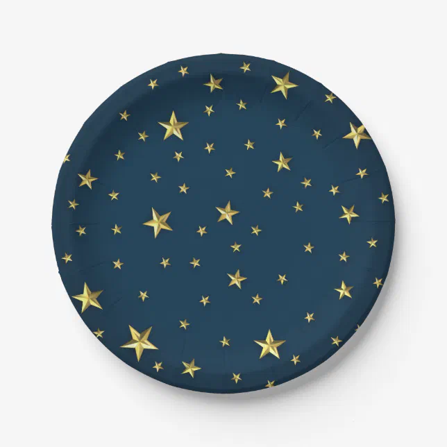 Navy Blue Gold 3D Stars Military Style Paper Plates | Zazzle