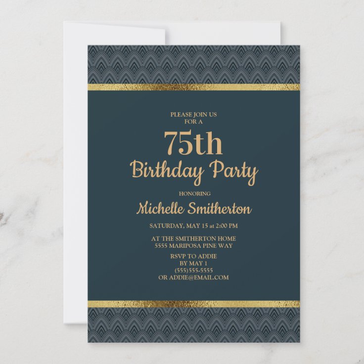 Navy Blue Gold 75th Birthday Party Invitation | Zazzle