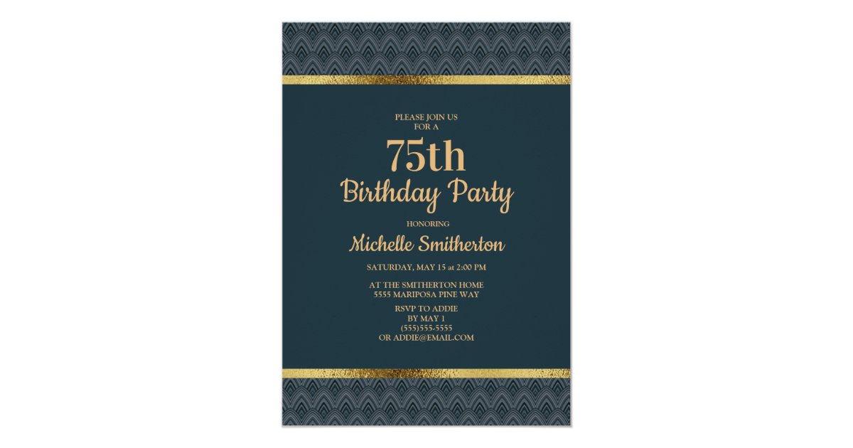 Navy Blue Gold 75th Birthday Party Invitation | Zazzle.com