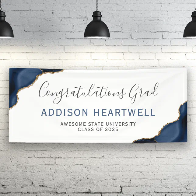 Navy Blue Gold Agate Congratulations Graduation Banner | Zazzle