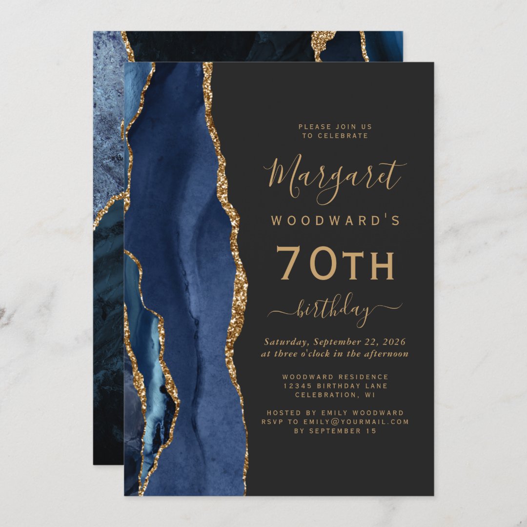 Navy Blue Gold Agate Dark 70th Birthday Party Invitation | Zazzle