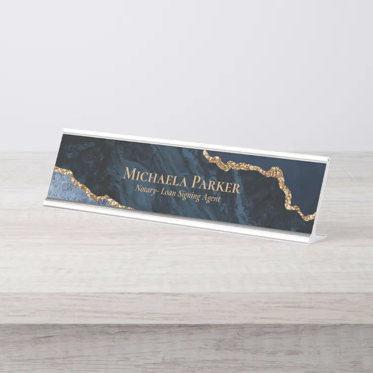 Navy Blue Gold Agate Geode Elegant Business Desk Name Plate | Zazzle