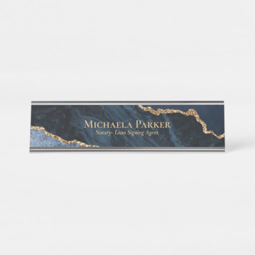 Navy Blue Gold Agate Geode Elegant Business Desk Name Plate | Zazzle