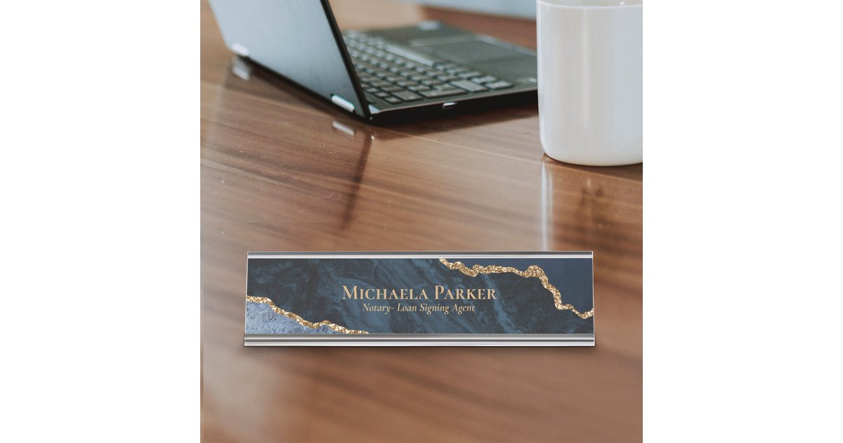 Navy Blue Gold Agate Geode Elegant Business Desk Name Plate | Zazzle