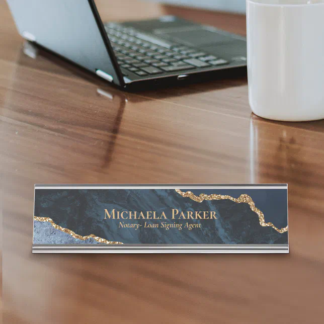 Navy Blue Gold Agate Geode Elegant Business Desk Name Plate | Zazzle