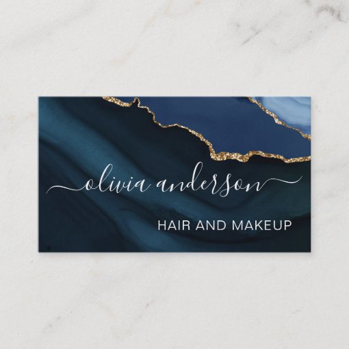 Navy Blue Gold Agate Geode Hair Makeup Salon Business Card | Zazzle