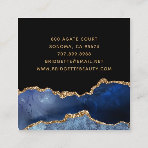 Navy Blue Gold Agate Geode Makeup Artist Monogram Square Business Card ...