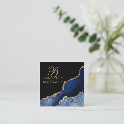 Navy Blue Gold Agate Geode Makeup Artist Monogram Square Business Card ...