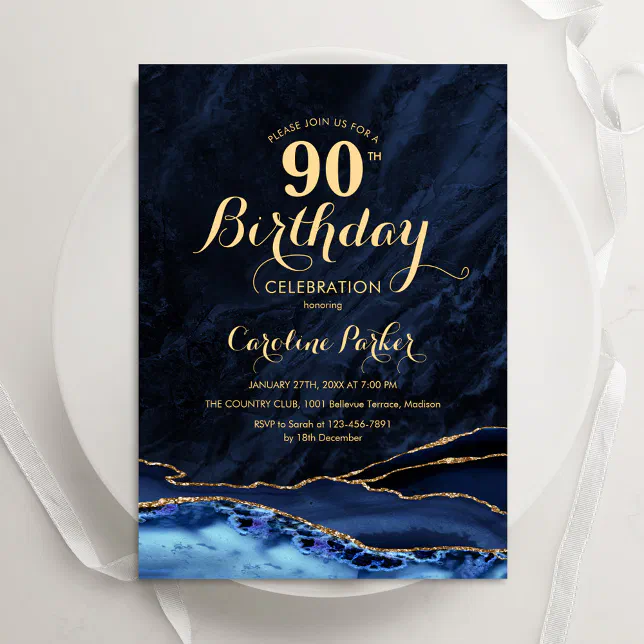 Navy Blue Gold Agate Marble 90th Birthday Invitation | Zazzle