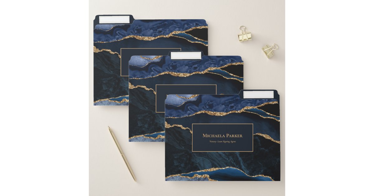 Navy Blue Gold Agate Modern Professional File Fol File Folder | Zazzle