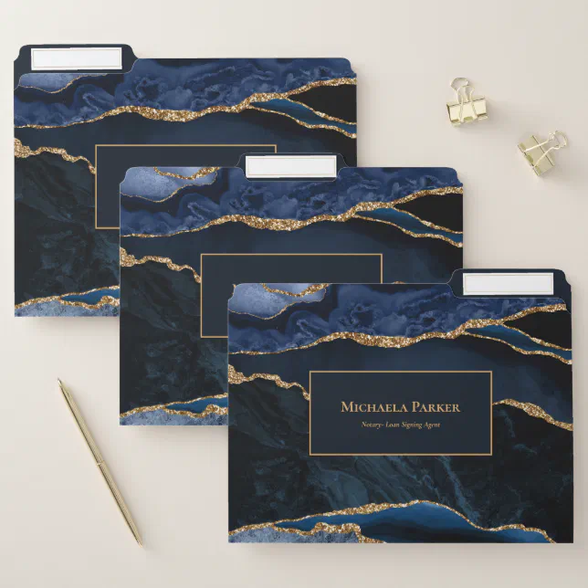 Navy Blue Gold Agate Modern Professional File Fol File Folder | Zazzle