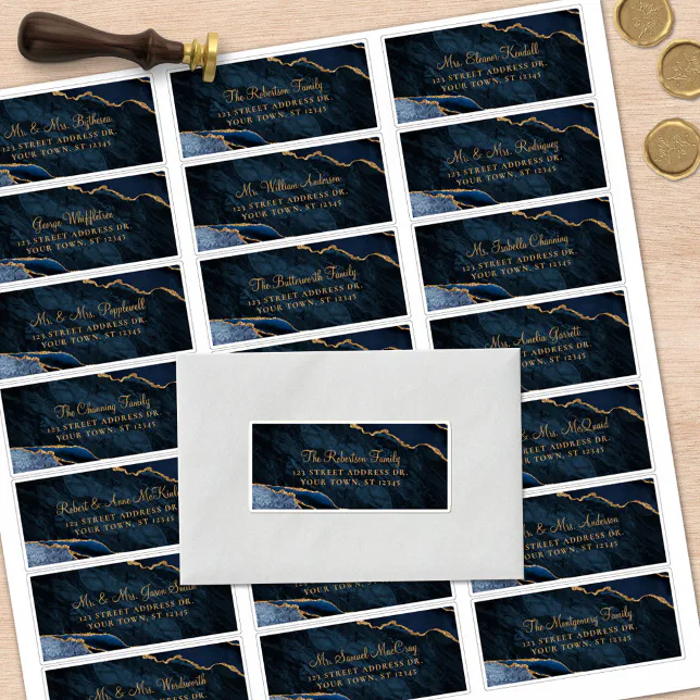 Navy Blue Gold Agate Wedding Guest Address Labels | Zazzle