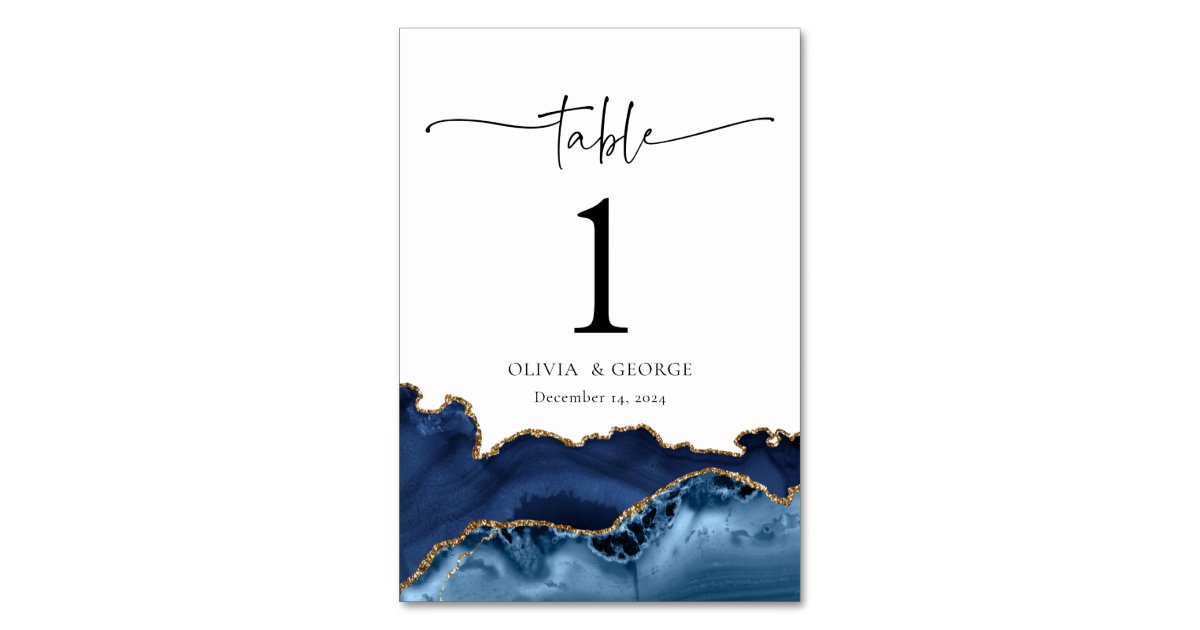 Navy Blue Gold Agate Wedding Table Number Cards | Zazzle