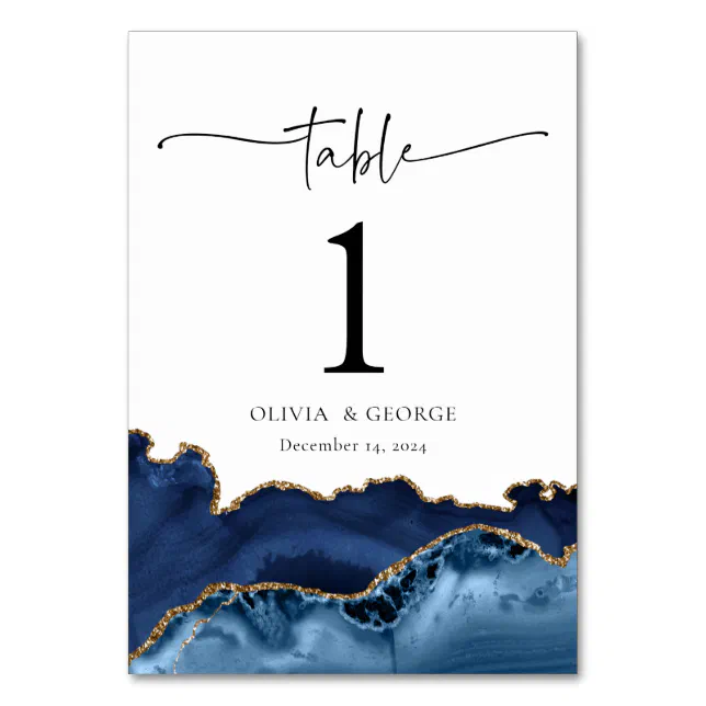 Navy Blue Gold Agate Wedding Table Number Cards | Zazzle