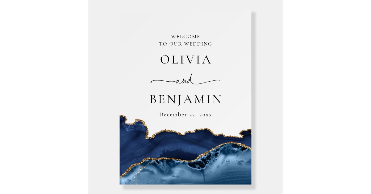 Navy Blue Gold Agate Wedding Welcome Foam Board | Zazzle