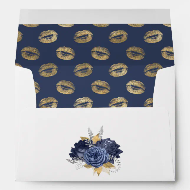 Navy Blue, Gold and Silver Floral Wedding Envelope | Zazzle