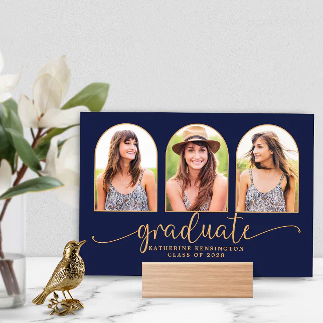 Navy Blue Gold Arch Multiple Photos Graduation Holder | Zazzle