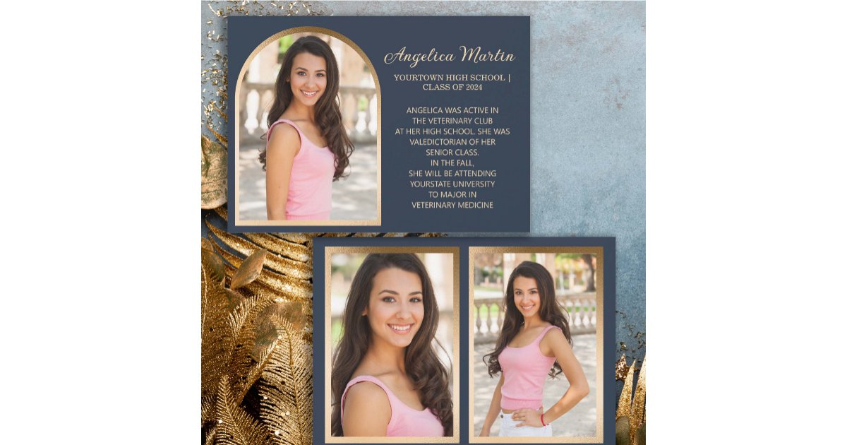 Navy Blue Gold Arch Photo Graduation Announcement | Zazzle