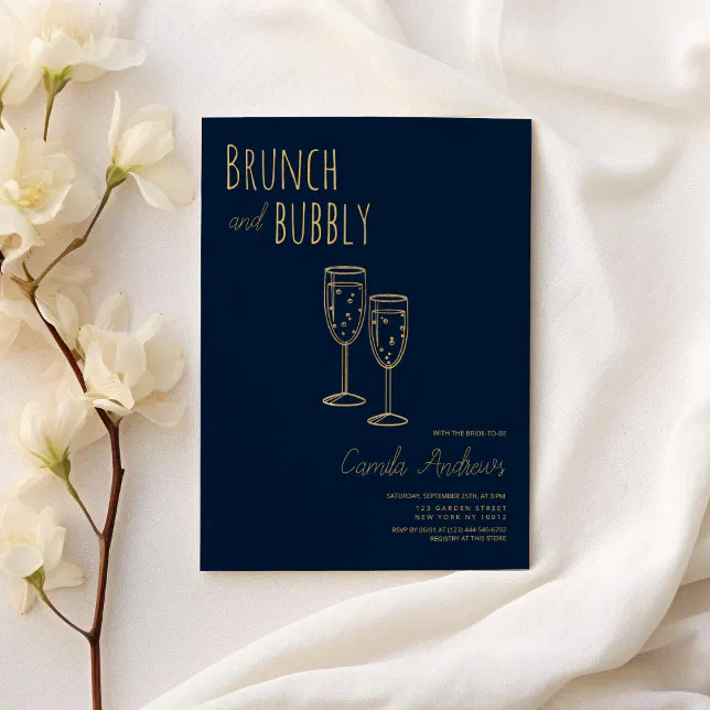 Navy Blue Gold Brunch And Bubbly Bridal Shower Invitation | Zazzle