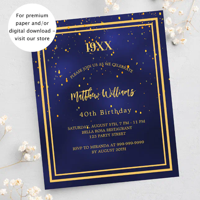 Navy blue gold budget birthday party invitation flyer | Zazzle