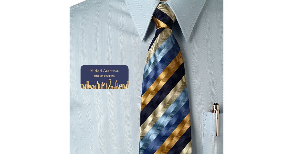 Navy blue gold city skyline name tag | Zazzle