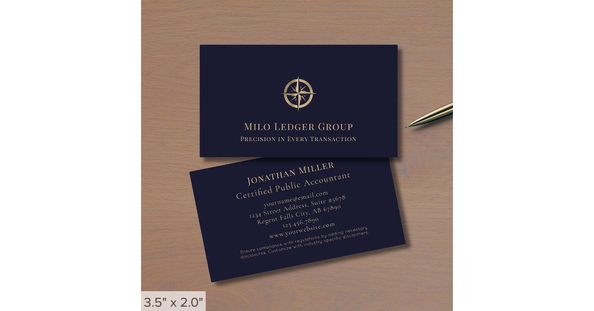 Navy Blue Gold Compass Logo Business Card | Zazzle