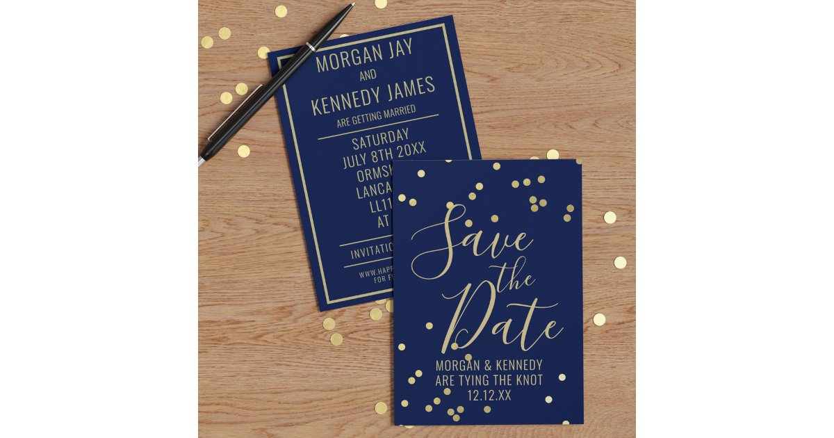 Navy Blue Gold Confetti Flat Save The Date Card | Zazzle