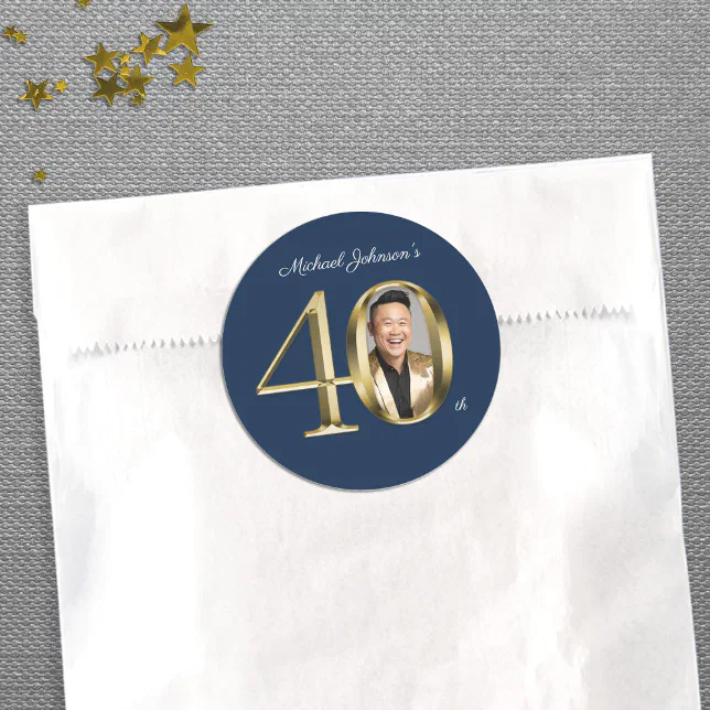 Navy Blue Gold Custom 40th Birthday Party Classic Round Sticker | Zazzle