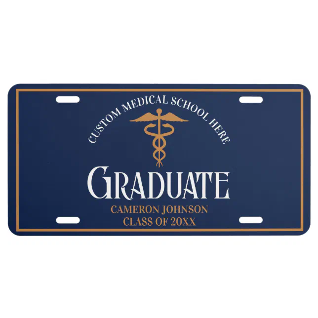 Navy Blue Gold Custom Medical School Graduate License Plate | Zazzle