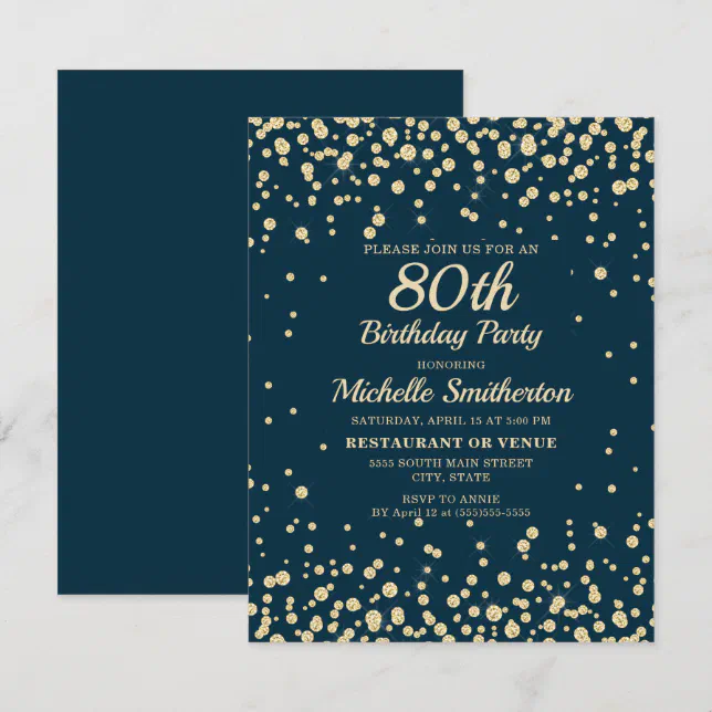 Navy Blue Gold Diamond Glitter Women 80th Birthday Card | Zazzle
