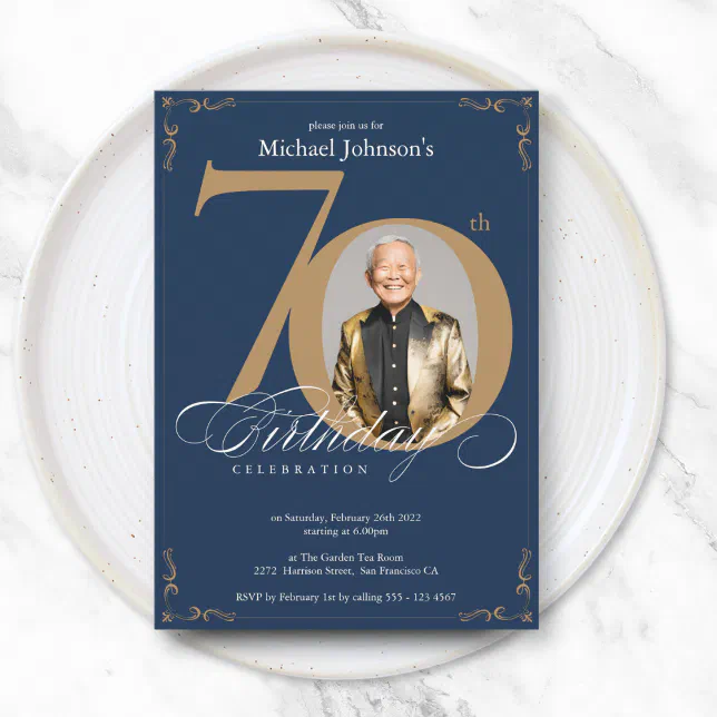 Navy Blue Gold Elegant Photo 70th Birthday Party Invitation | Zazzle