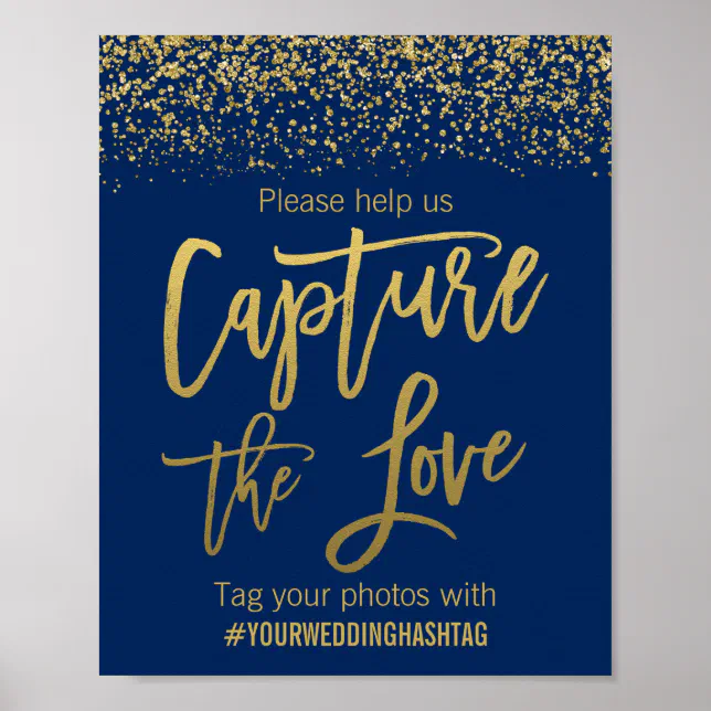 Navy Blue Gold Faux Glitter Wedding Hashtag Sign | Zazzle
