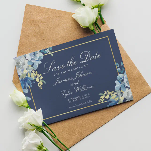 Navy Blue Gold Floral Elegant Evening Save The Date | Zazzle